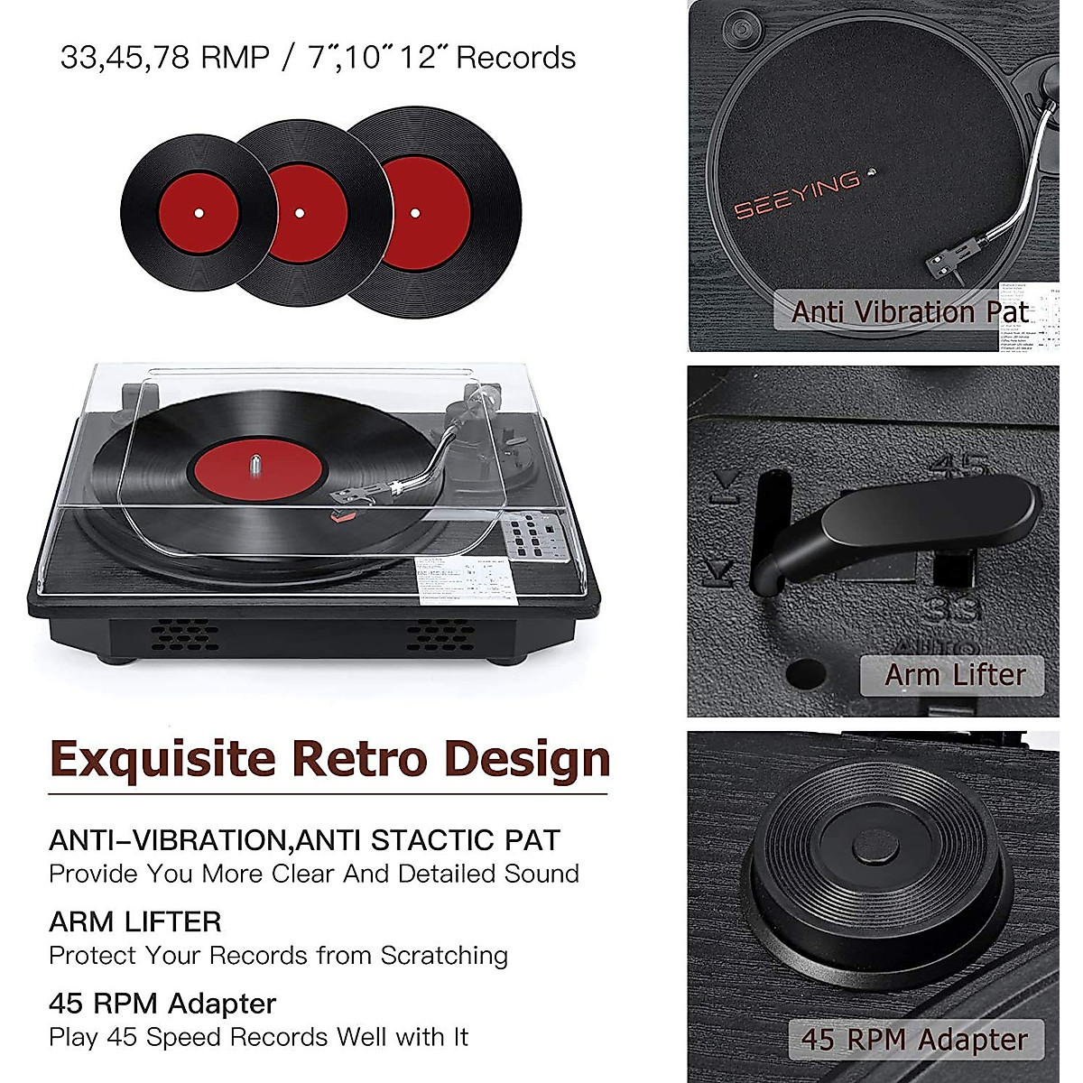 Record Player with Bluetooth Output Input for Vinyl with Speakers,Turntable for Vinyl Records Supporting Vinyl to MP3 Encoding TS USB Folder Counter Weight Speed Adjust