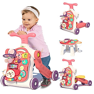 QDRAGON 5 in 1 Walker for Baby Girl, Baby Push Walkers, Assemble as Scooter/Motorbike/Activity Center/Detachable Panel, Walking Toys Learning Walker for Infants Toddler, Red