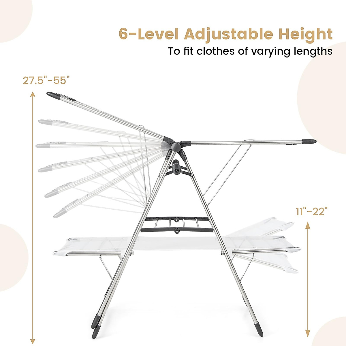 Giantex Clothes Drying Rack, Stainless Steel Foldable Laundry Drying Rack with with 6-Level Adjustable Height, High Hanger Design, Side Clips, Space Saving Collapsible Laundry Drying Rack