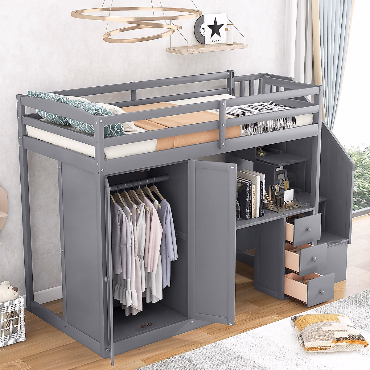 Harper & Bright Designs Twin Loft Bed with Stairs,Desk and Wardrobe, Solid Wood Loft Bed Frame with Storage Drawers, Cabinet, for Kids Teens Adults (Twin Size, Gray)