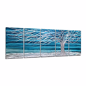 SYGALLERIER Metal Tree Wall Decor Handcrafted Artwork on Aluminum Blue and Silver Color Pictures Modern Willow Tree Art for Living Room Bedroom Dinning Decoration