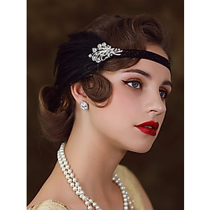 SWEETV 1920s Flapper Headband, Feather Great Gatsby Headpiece, Roaring 20s Vintage Hair Accessories, Black