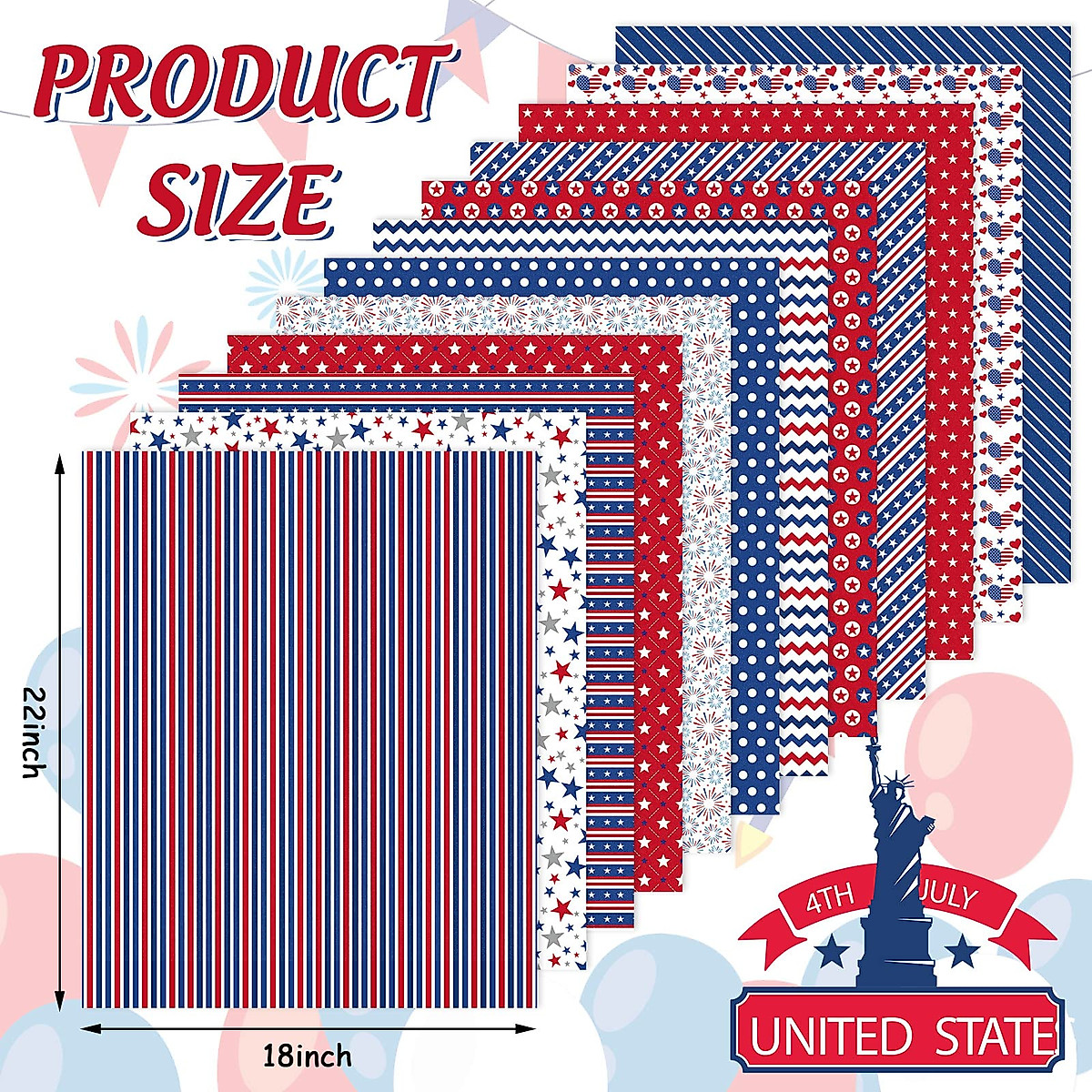 Whaline 12Pcs Patriotic Cotton Fabric Bundles 18 x 22 Inch Star Firework Fat Quarters 4th of July Quilting Patchwork Squares Independence Day Sewing Fabrics for DIY Handmade Crafting Home Party Decor