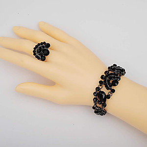 CSY 4 Pcs/Sets Vintage Necklace Earrings Bracelet Ring Retro Bridal Wedding Costume Jewelry Sets for Brides Women Gifts (Black Crystal)