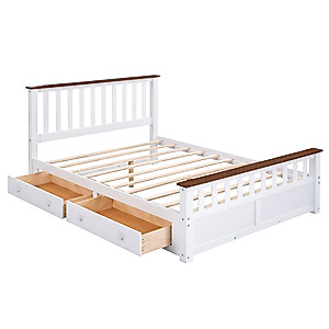 Bellemave Queen Bed Frame with 2 Storage Drawers Wood Platform Bed with Headboard & Footboard Panel Beds with Slats for Boys, Girls, Kids, Teens, White + Walnut
