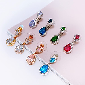 LAVINA Fancy Teardrop CZ Pierced Dangle Earring Classically And Elegant Hypoallergenic Earrings For Women Brides Wedding (Blue)