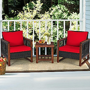 LDAILY 3 Pieces Patio Furniture Set, Rattan Outdoor Front Porch Chairs with Wood Coffee Table & Cushion, Comfy Wicker Conversation Patio Set for Movie Seating, Balcony, Garden, Poolside (Red)