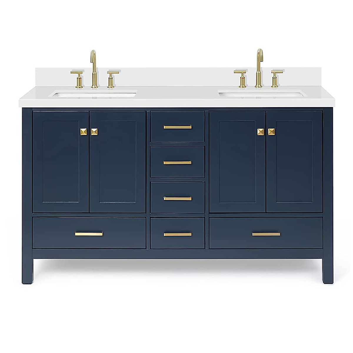 ARIEL Double Bathroom Vanity 61" Midnight Blue, 1.5" Edge Pure White Quartz Countertop & Splash, Rectangular Sinks, 4 Soft Closing Doors, 6 Full Extension Dovetail Drawers, Satin Brass