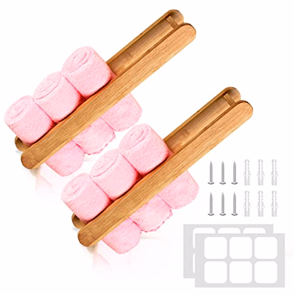 2 Pieces Wooden Towel Holder Kit No Drilling Bamboo Towel Holder Bamboo Guest Towel Holder Self Adhesive Sticky White Expansion Tube for Bathroom Kitchen Living Room