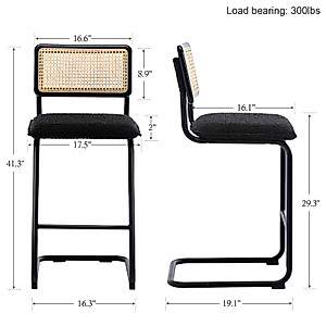 ONEVOG Boucle Rattan Bar Stools Set of 2, 29'' Bar Height Stools with Natural Cane Back, Solid Wood Frame Bar Chairs with Chrome Legs, Cantilevered Design Upholstered Stools, Black