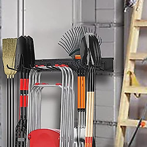 Garage Tool Storage Rack, Heavy Duty Wall Mounted Tools Organizer, Steel Garden Tool Storage System, Shovel Holder Organization Hanger with 6 Double-Hooks, 49.5inch Tracks Max Load 300lbs