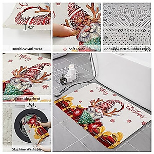 Libaoge Merry Christmas Kitchen Mat Rug Set of 2 Gnome with Horns Red Gift Box Runner Rug Anti-Fatigue Comfort Memory Foam Standing Mat Non-Slip Floor Door Mat for Bathroom Bedroom 16x24n+16x47in