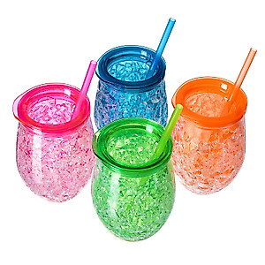 EASICOZI Cute Shape Frosty Freezer Ice Mugs with Straw Clear 11.8oz Set of 4(Red, green, blue and orange) (Oval)