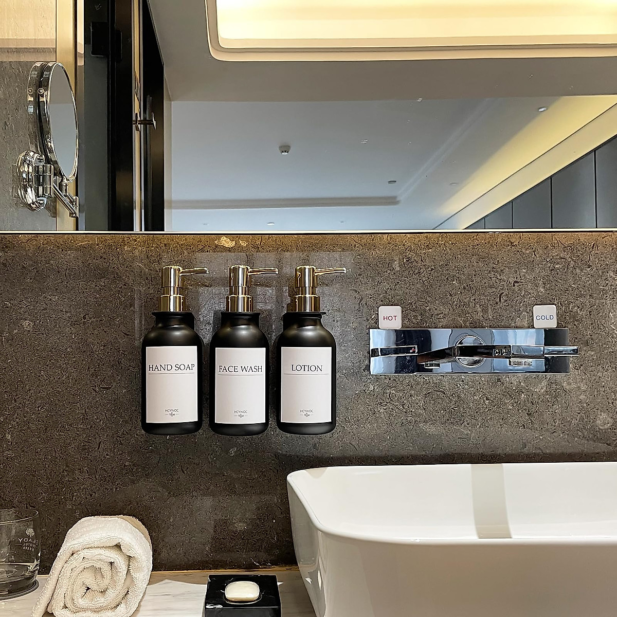 Shampoo Dispenser for Shower Wall, Shampoo and Conditioner Dispenser with 16 Waterproof Labels, No Drill Shower Soap Dispenser Bathroom, Shower Soap Dispenser Wall Mounted,17oz, 3 Pack, Gold Black