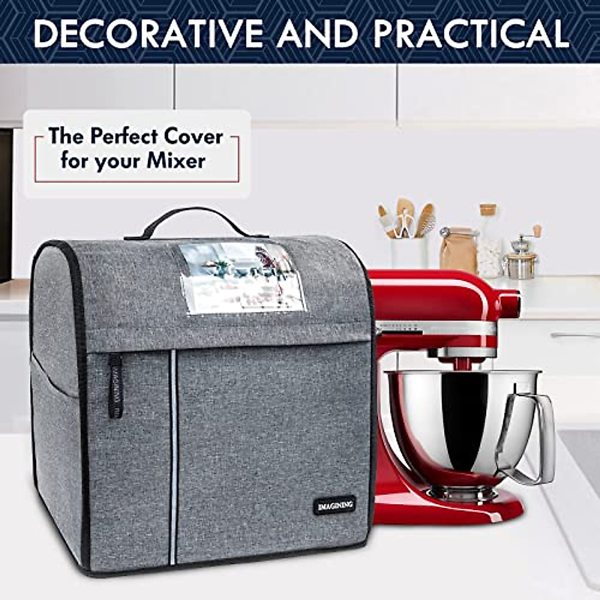 Stand Mixer Cover for Kitchenaid, Kitchen Aid Mixer Covers for 4.5, 5 Quart Tilt Head, Stylish Mixer Cover with Extra Pocket for Accessories, Grey