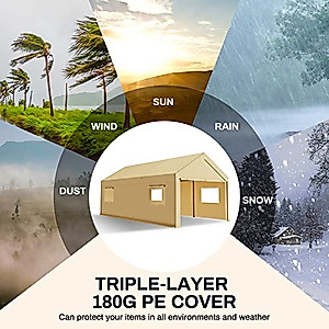 Cityflee Carport, 10'x 20' Heavy Duty Carport Canopy with Roll-up Ventilated Windows, Portable Garage with Removable Sidewalls & Doors for Car Truck Boat, Waterproof Car Shelter, Khaki