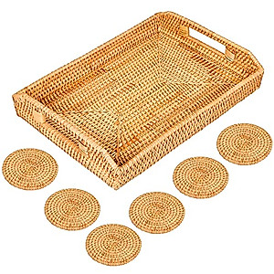 Akamino Rattan Tray with Rattan Coasters - 14.6''x12.2''x2'' Hand-Woven Wicker Basket Tray with Handles for Breakfast, Rectangular Decorative Serving Organizer for Coffee Table, Drinks, Fruit