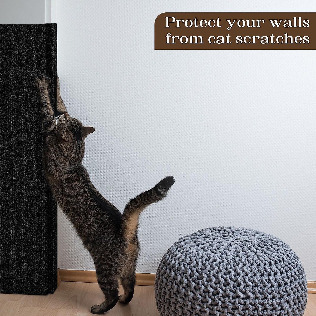 Cat Scratching Mat, 78.7"x15.7" Cat Carpet Self-Adhesive Carpet Mat Trimmable Replacement for Cat Tree, Cat Wall Scratcher, Cat Scratching Post, Shelf Shelves Couch Furniture DIY Protector, Black