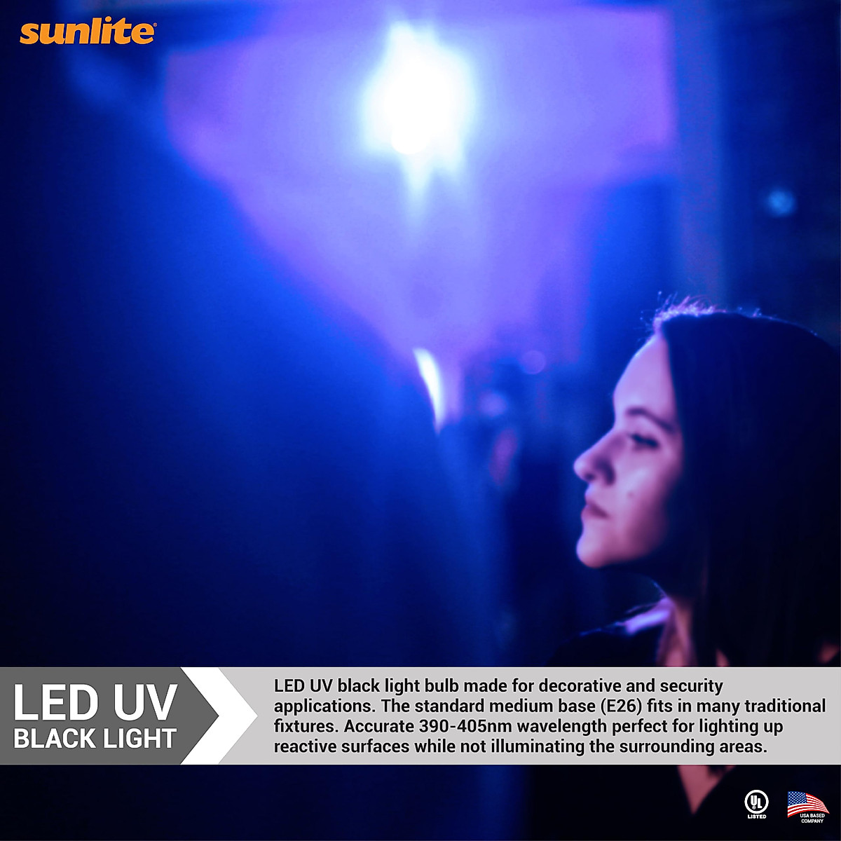 Sunlite LED A19 Black Light UV Bulb, 7W (60W Equiv.), Medium E26 Base, Non-Dimmable, 390-405nm Wavelength, Ideal for Black Light Room Decor, Halloween Decorations, Indoor UV Decor, UL Listed, 3 Pack