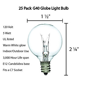 SUNSGNE Clear Globe G40 Bulbs Replacement Screw Base Light Bulbs 1.5-Inch, 5 Watt - Fits E12 and C7 Sockets, 25 Pack
