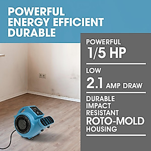 PURAERO Mini Air Mover | Carpet Dryer and Blower Fan | High-Velocity Floor Fan for Crawlspaces, Attics, Basements, Bathrooms | 1/5 HP 800 CFM | Water Damage Restoration, Grow Rooms | PA-200-AM | Blue