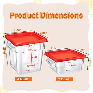 Suclain 8 Pcs Food Storage Container with Lids Set 2qt and 4qt Square Clear Commercial Containers with Scales Handles for Home Restaurant Kitchen Food Storage, Marinating Meat, Proof Dough (Red)