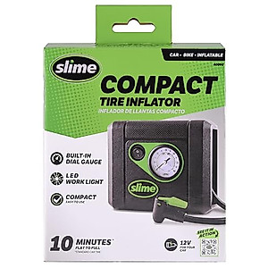 Slime 40060 Tire Inflator, Compact, Portable Car Air Compressor, Analog, Quick Connect Air Hose, Flat Tire Puncture Repair, 12V, 10 min inflation Black