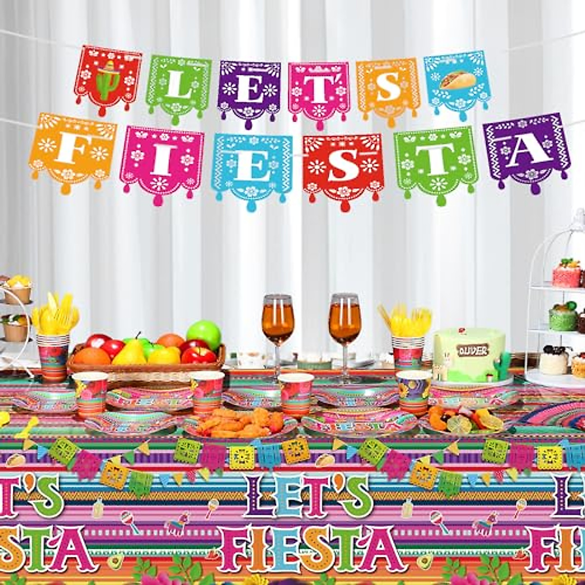 172 Pcs Mexican Themed Fiesta Party Supplies Set Serves 24, Include Fiesta Tablecloth, Let's Fiesta Banner, Mexican Plates and Napkins Tableware Set for Cinco De Mayo Mexican Taco Fiesta Party Decor