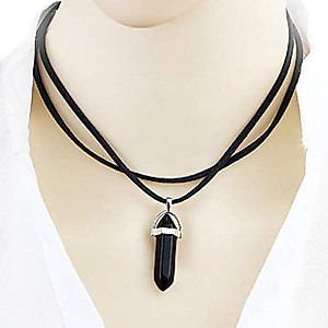 Aimimier Layered Choker Necklace Crystal Choker Chakra Suede Choker Hexagonal Gemstone Pendant Necklace Bohemia Jewelry for Women(Black)