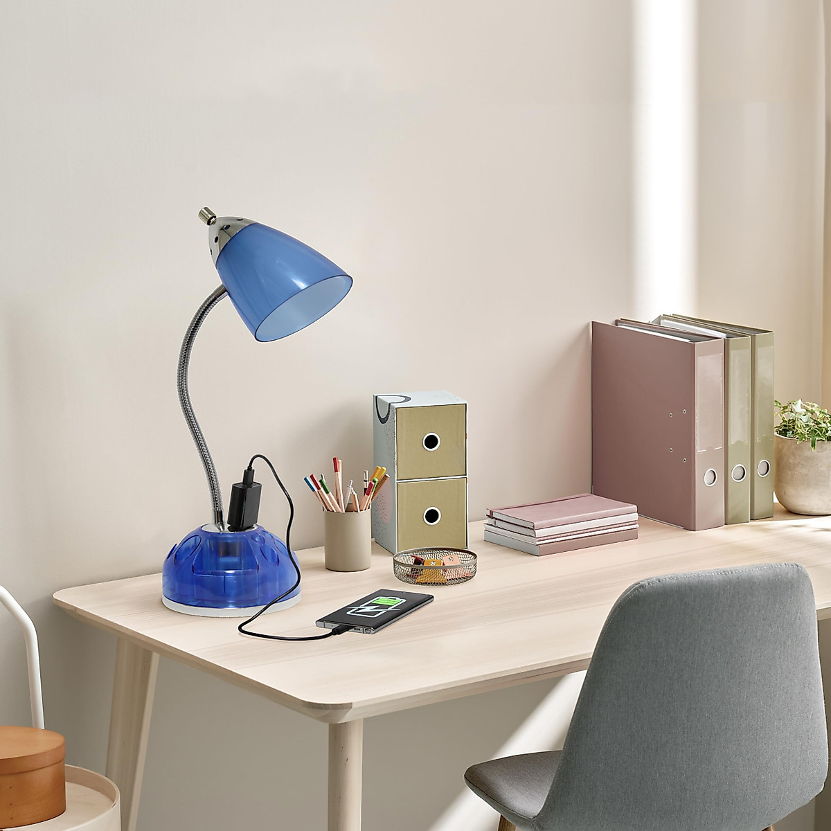 Limelights LD1015-CBL Flossy Organizer Desk Lamp with Charging Outlet Lazy Susan Base, Clear Blue 18.50 x 6.40 x 6.40 inches
