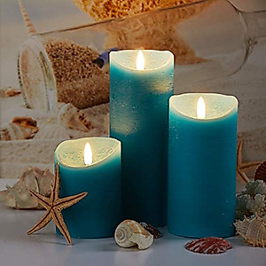 glowiu Teal Candle Pillar Realistic Wick Battery Operated Candles Set of 3 Single Slim Sphere Turquoise Candles Electric Home Decor with 10-Key Remote Multi-Function (3, H 4"6"8" x D3")