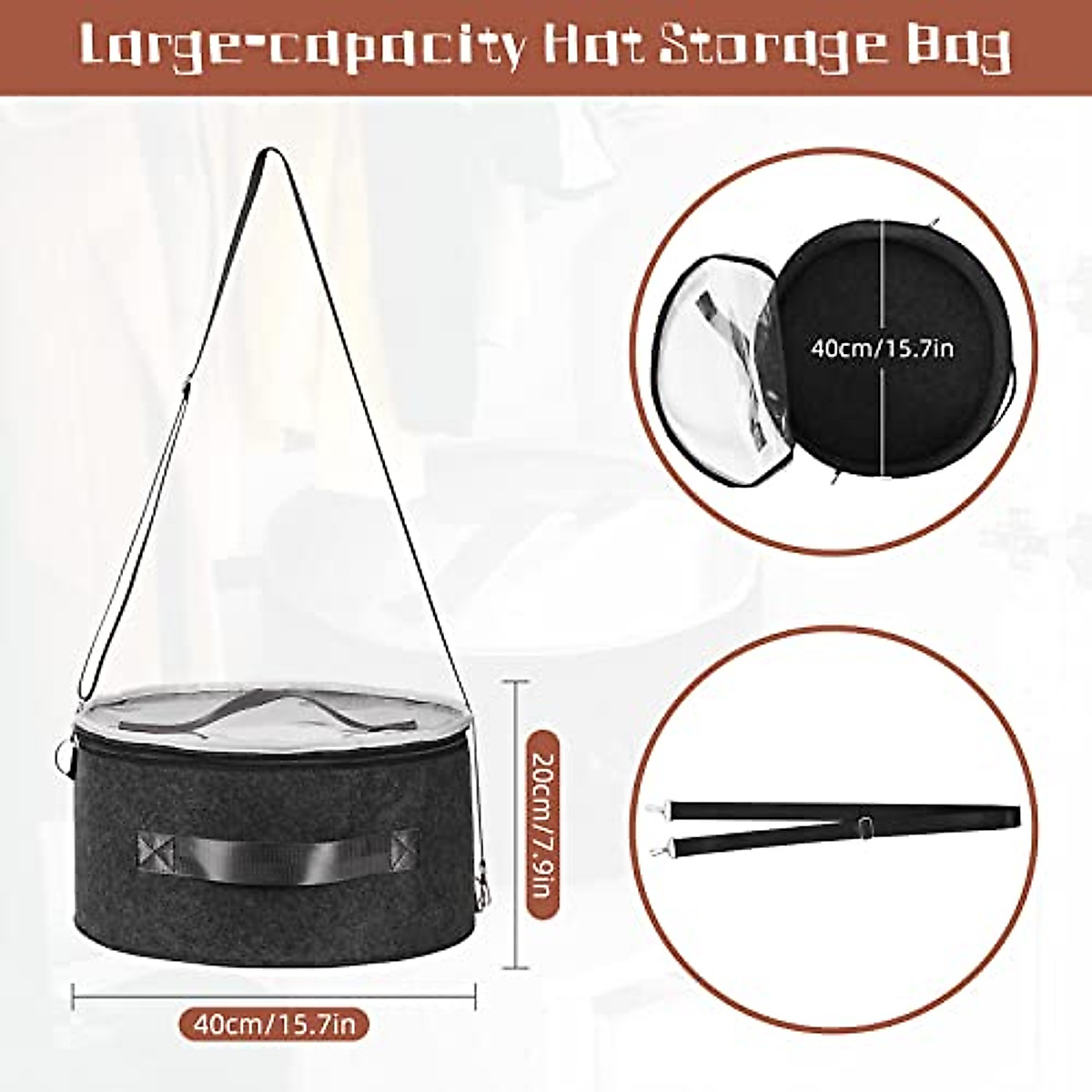 Pehciroe Hat Boxes for Women & Men Storage Large Felt Hat Boxes Storage Round Foldable Hat Carrier Travel Cowboy Hat Storage Box Storage for Hats Toy Clothes with Lid, Gray