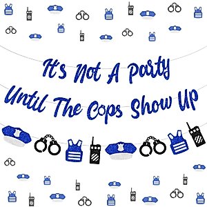 Police Banner Party Until The Cops Shown Up - Police Party Decorations Banner, Glitter Blue Police Banner Garland for Police Retirement Party