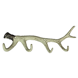 Zeckos Painted Brown and White Cast Iron Deer Antler Wall Mounted Hook Rack Coat Towel Key Hat Hanger - Easy Install - Lodge, Cabin Or Western Décor 16 Inches Long