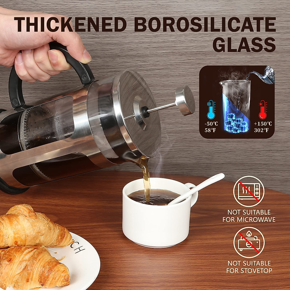 FAVIA 34 Ounce French Press Coffee Maker Heat Resistant Thick Glass with Stainless Steel Coffee Tea Press Dishwasher Safe (34oz, Stainless Silver)