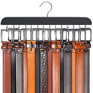 Resovo Belt Hanger for Closet Max 42 Belts, Sturdy Wood Belt Rack Closet Accessories with 14 Hooks Belt Organizer for Closet Organizers and Storage -Black 1 Pack