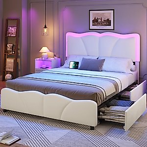 MSmask Full Size Bed Frame with 4 Storage Drawers and LED Lights, Velvet Upholstered Platform Bed Frame with Height Adjustable Headboard, LED Bed Frame with Type C & USB, No Box Spring Needed, White