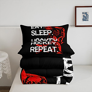 Hockey Comforter Twin for Kids Boys Teens,Black Red Grey Eat Sleep Hockey Bedding Set Warm,Ice Hockey Player Down Comforter Bedroom Decor,Graffiti Winter Sports Game Quilted Duvet with 1 Pillow Sham