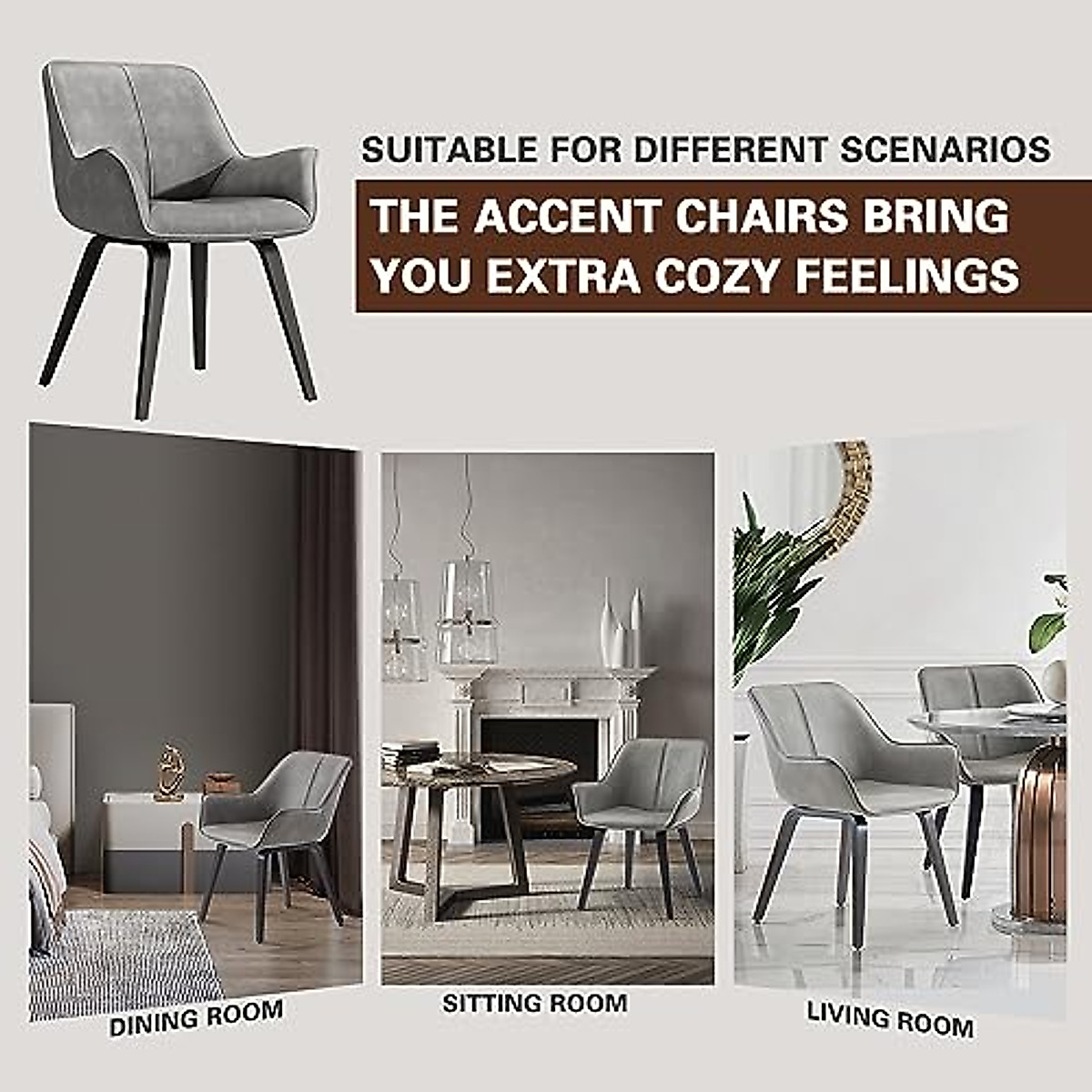 YEEFY Upholstered Dining Chairs Set of 2 & 4 & 6 Faux Leather Accent Chair Living Room Chairs Kitchen & Dining Room Chairs Comfy Reading Chair for Bedroom Mid Century Modern Arm Chair (Gray, 2)