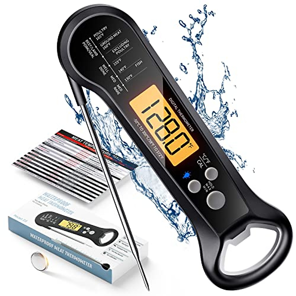 Meat Thermometer Digital, Waterproof Instant Read Food Thermometer for Cooking and Grilling. Kitchen Gadgets, Accessories with LED Backlit Display, Bottle Cap Opener for Kitchen, BBQ, Grill