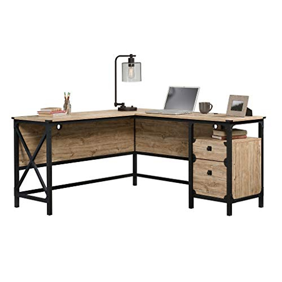 Sauder Steel River L-Shaped Desk, L: 59.84" x W: 57.32" x H: 29.53", Milled Mesquite Finish