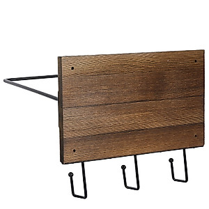 MyGift Wall Mounted Exercise Ball Storage Rack with 3 Bottom Hooks, Rustic Solid Burnt Wood and Matte Black Metal Hanging Yoga Gym Equipment Organizer Holder