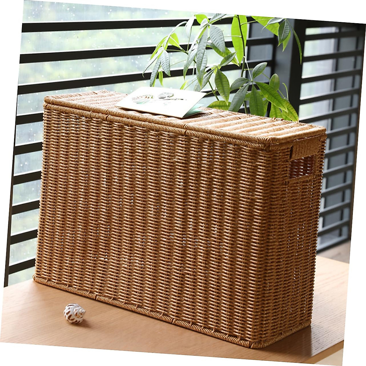 BUTIFULSIC Rattan Magazine Basket with Lid Thin Wicker Storage Decorative Sundries Organizer Handle Book Newspaper Rack