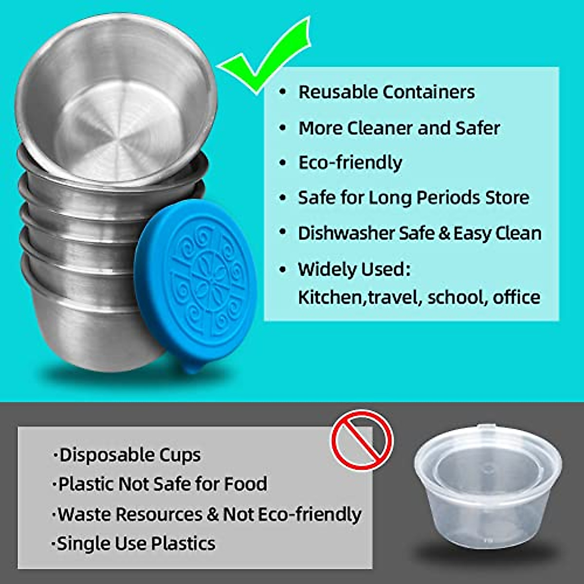 6 Pack Salad Dressing Containers To Go,1.6oz Stainless Steel Condiment Cup Mini Sauce Containers for Lunch Bento Box with Leakproof Food-grade Silicone Lids for Snack,Dessert,Souffle,Kids Lunch