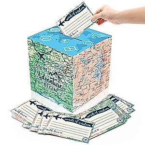 51PCS Adventure Card Box Holder and Advice Cards for Adventure Awaits Bon Voyage Farewell Travel Themed Birthday Graduation Retirement Job Career Change Party Decorations Supplies