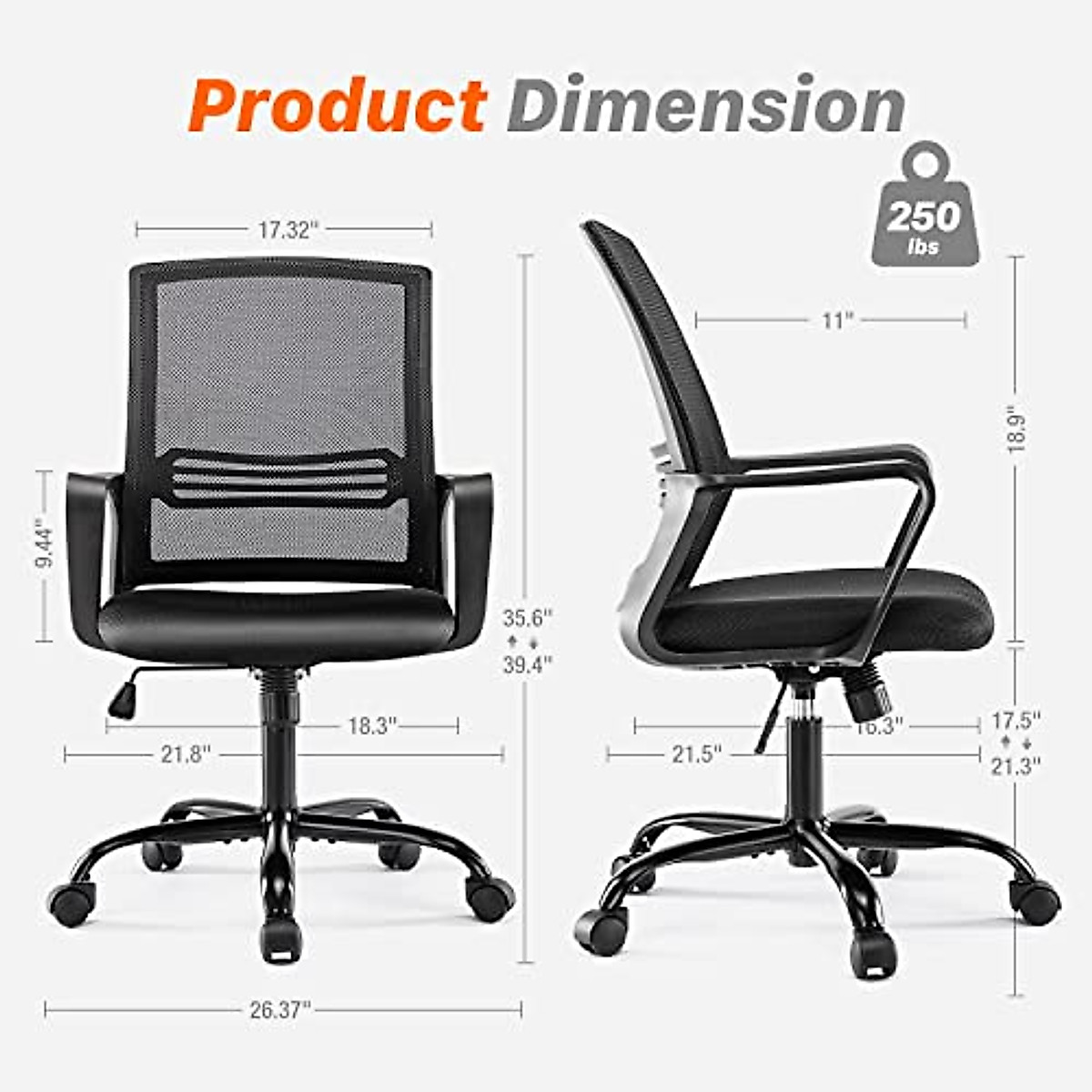 Office Chair - Mid Back Home Office Desk Chairs, Adjustable Height, Breathable Mesh