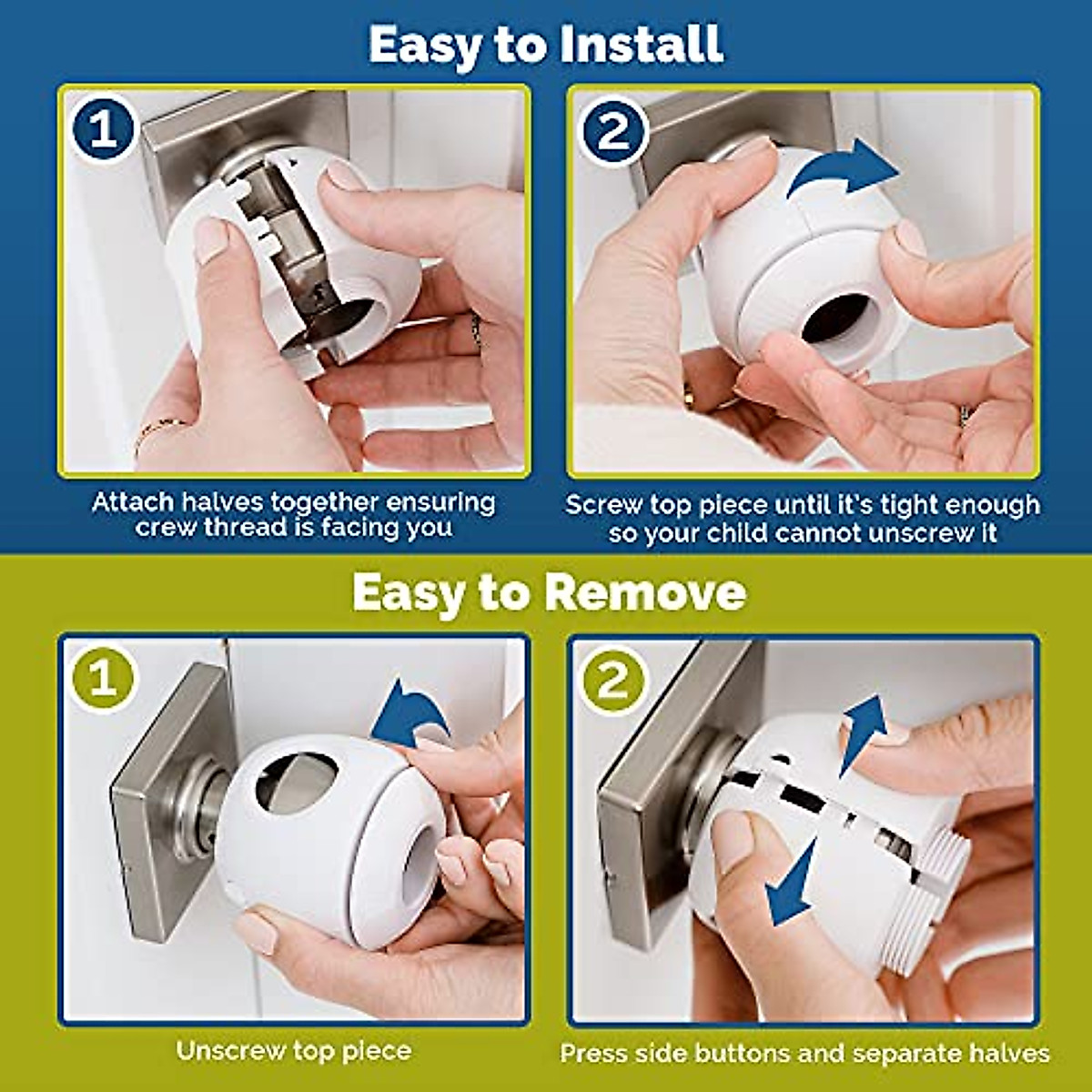 Child Safety Door Knob Cover (4 Pack) Hard-to-Remove Dual-Lock Door Handle Covers Locks for Kids - Reusable Baby Proof - Installs Easily, No Tools Needed