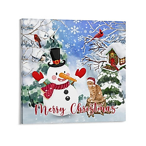 Snowman And Pet Cat Let It Snow Canvas Wall Art for Corridor, Christmas Decorations Modern Relax Prints Artwork Aisle Kitchen Bedroom Decor Waterproof, Ready to Hang 16x16 Inch