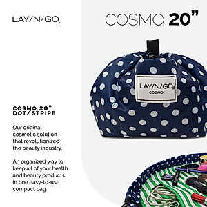 Lay-n-Go Cosmo Drawstring Cosmetic & Makeup Bag Organizer - Portable Drawstring Makeup Bag w/Zipper Pocket, Makeup Loops & More - Durable, Machine Washable Makeup Bag for Travel (20”, Navy/Green)