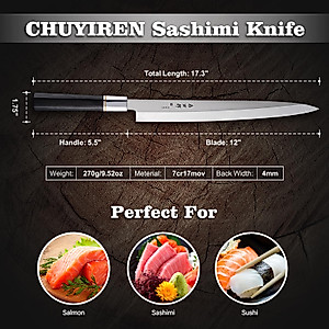 Sumteene Sushi Knife 12 inch(300mm), Sashimi Knife with High Carbon Stainless Steel Blade Yanagiba Knife, Octagonal Ebony Handle, Single Bevel Japanese Sushi Knife for Sushi & Sashimi, Fish Filleting